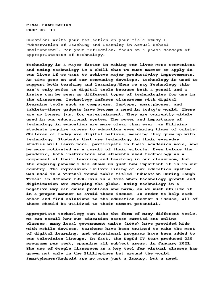 FINAL EXAMINATION in FIELD STUDY 1 | PDF | Learning | Teachers