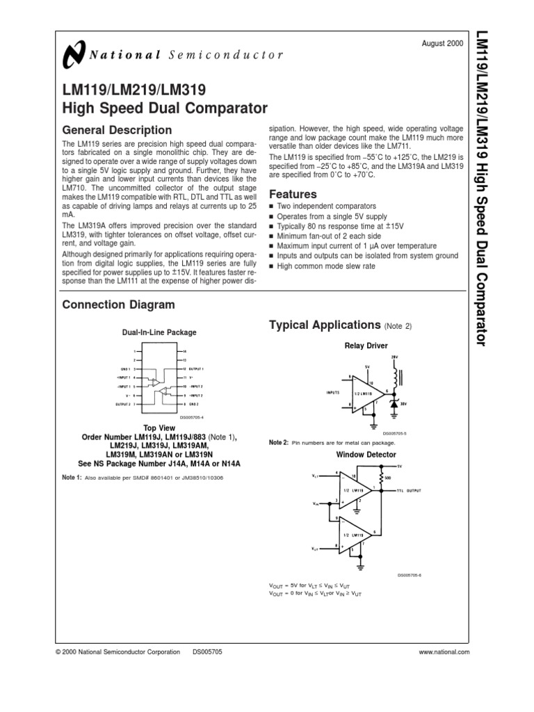 LM119/LM219/LM319 High Speed Dual Comparator: General Description | PDF