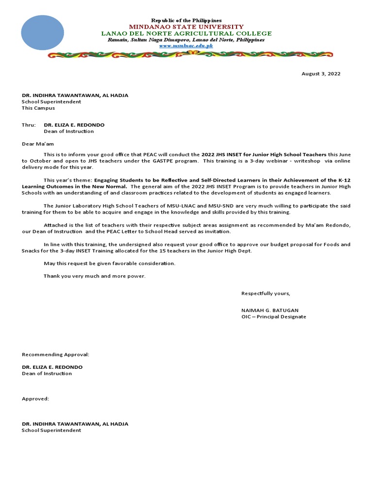 MSU-LNAC JHS Teachers to Attend 2022 PEAC INSET Training | PDF