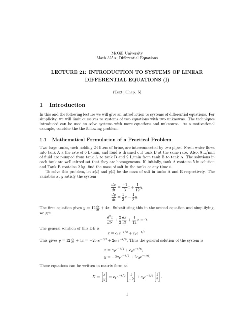 Lecture 21: Introduction To Systems of Linear Differential Equations (I) | PDF | Eigenvalues And ...