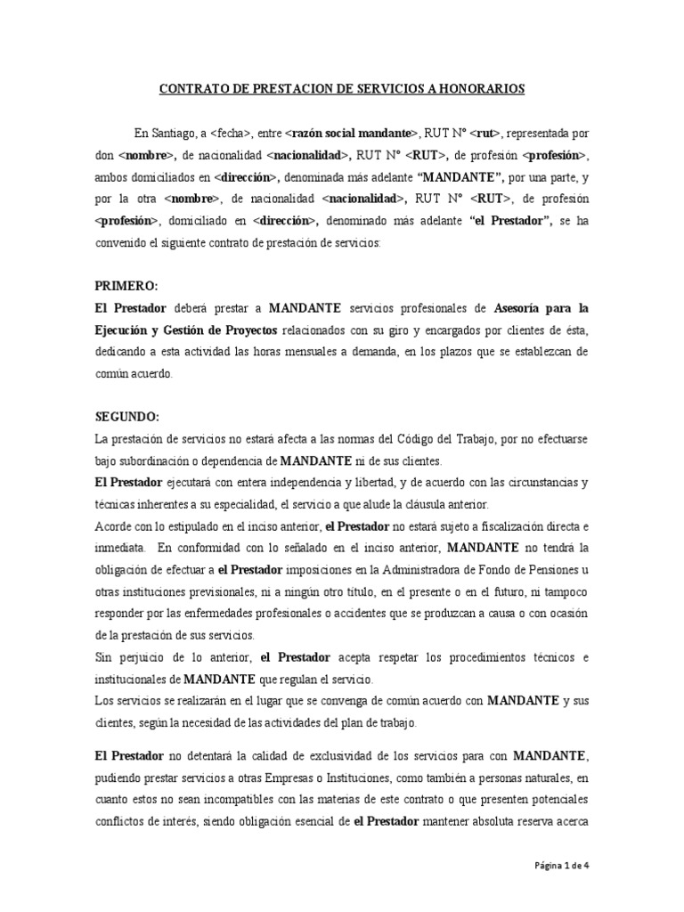Modelo Contrato de Servicios Profesionales A Honorarios - Chile | PDF ...
