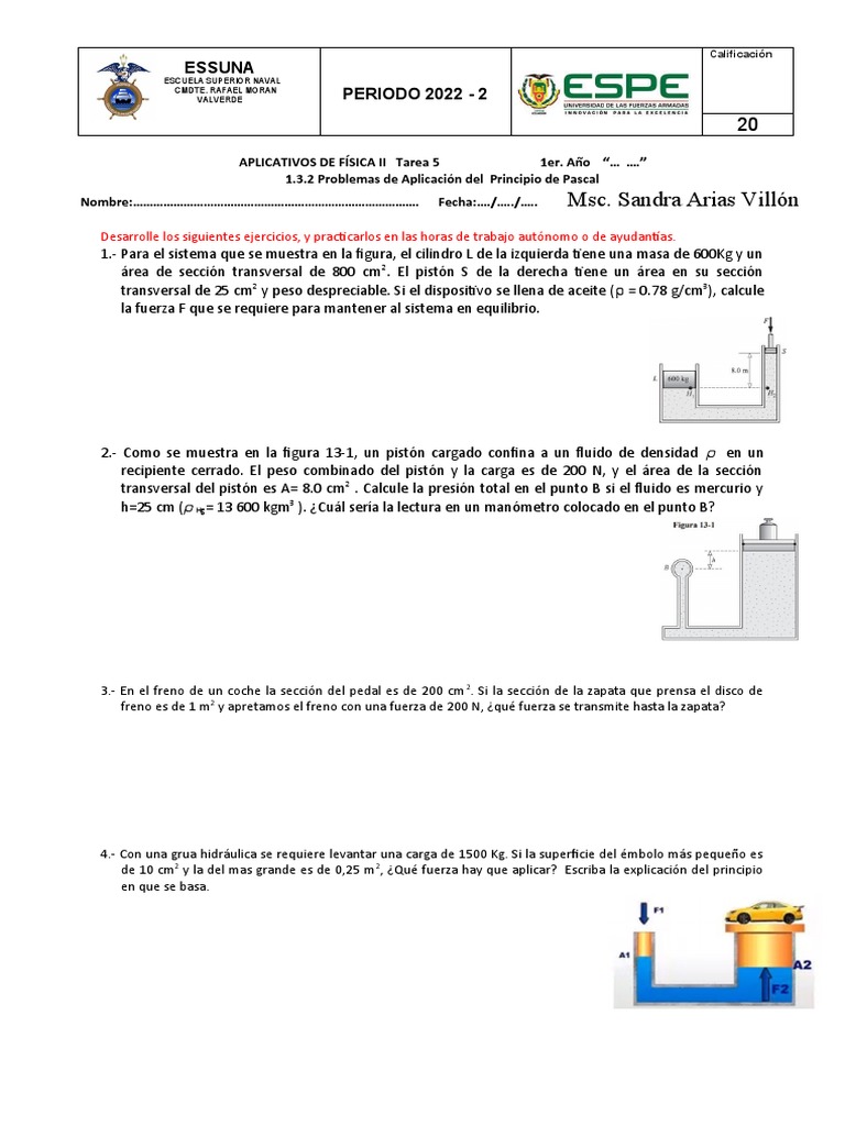 5 1.3.2 Problemas de Aplicacion de Pascal | PDF | Cantidades fisicas | Presión