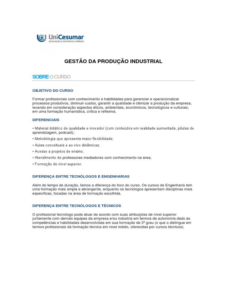 Gestão Da Produção Industrial Um Curso Para Formar Profissionais