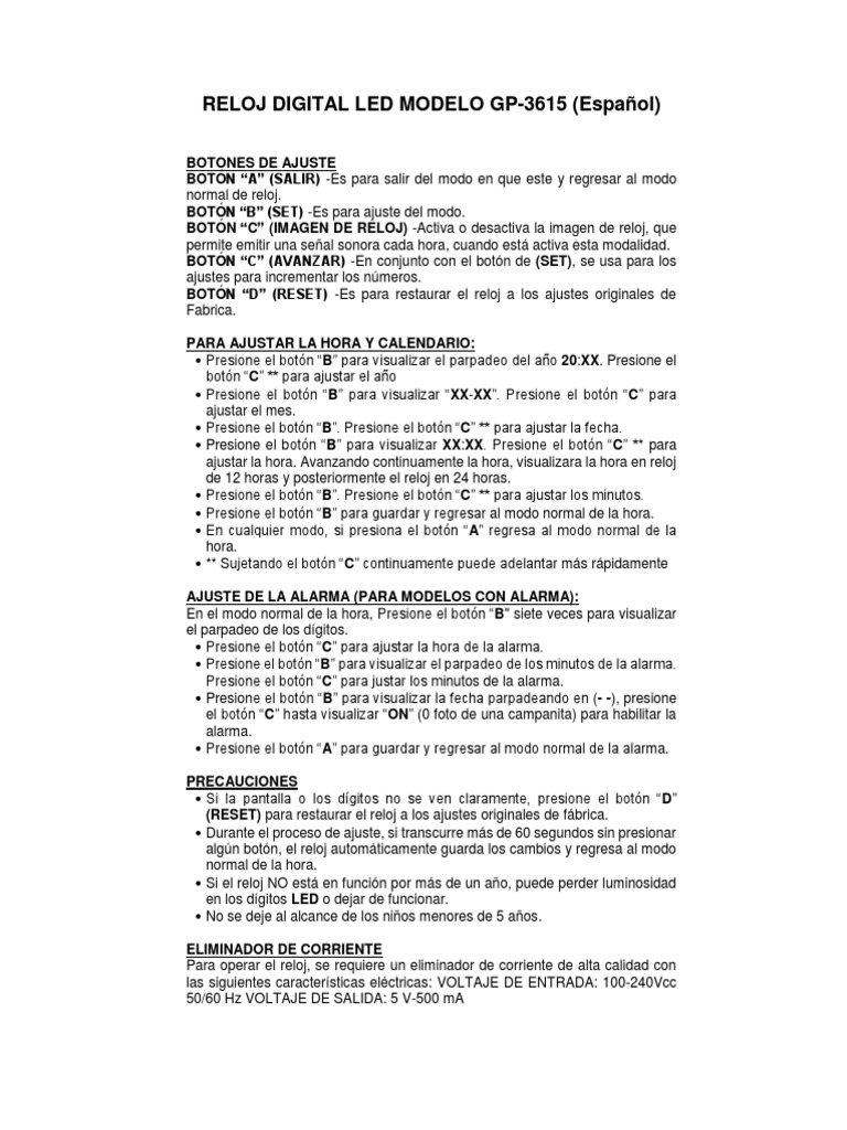 Manual de Usuario Reloj Digital LED de Pared GP-3615 | PDF | Reloj | Bienes manufacturados