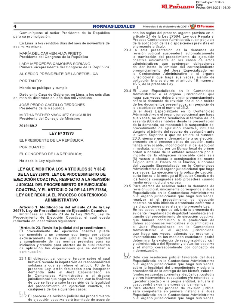 Ley Que Modifica Los Articulos 23 y 33 B de La Ley 26979 Le Ley N 31370 ...