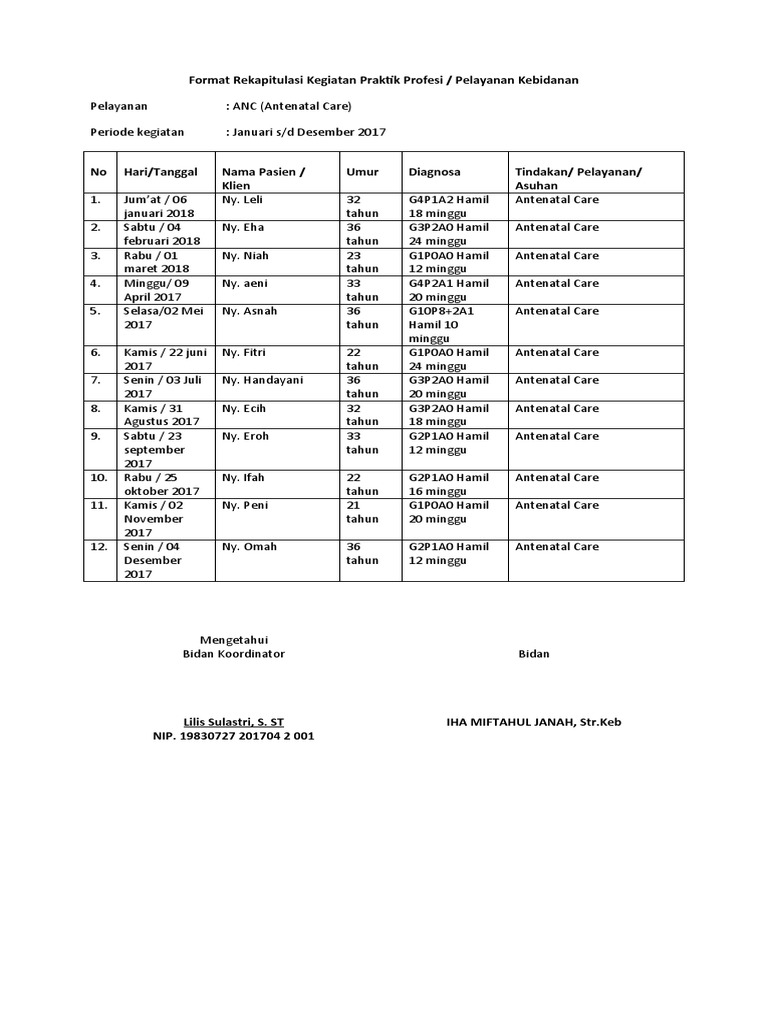 Format Rekapitulasi Kegiatan Praktik Profesi / Pelayanan Kebidanan | PDF