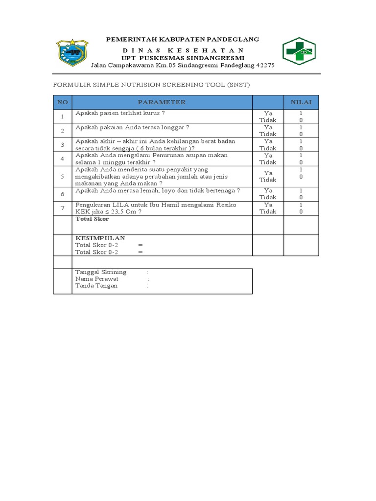 Form Simple Nutrision Screening Tool (SNST) | PDF | Kesehatan Holistik | Gaya Hidup