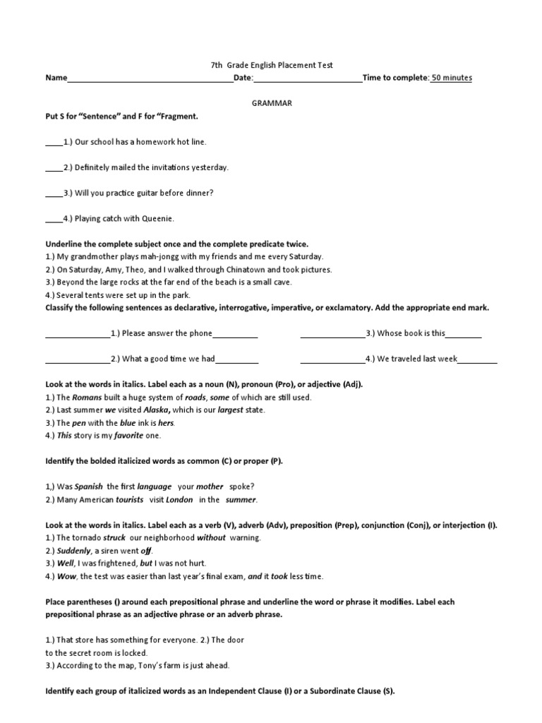 Ela 7TH Grade Diagnostic | PDF | Adverb | Predicate (Grammar)