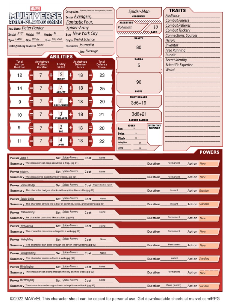 Marvel Multiverse Character Sheet - Fillable | PDF | Spider Man ...
