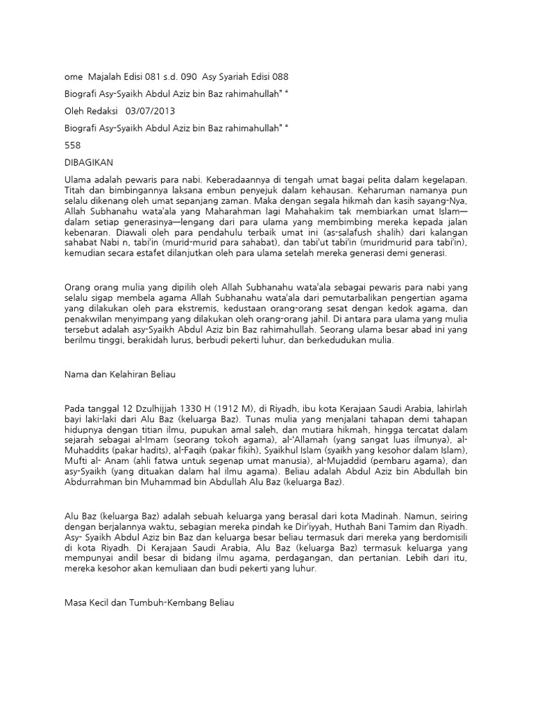 Biografi Asy-Syaikh Abdul Aziz bin Baz | PDF | Ilmu Sosial | Perjalanan