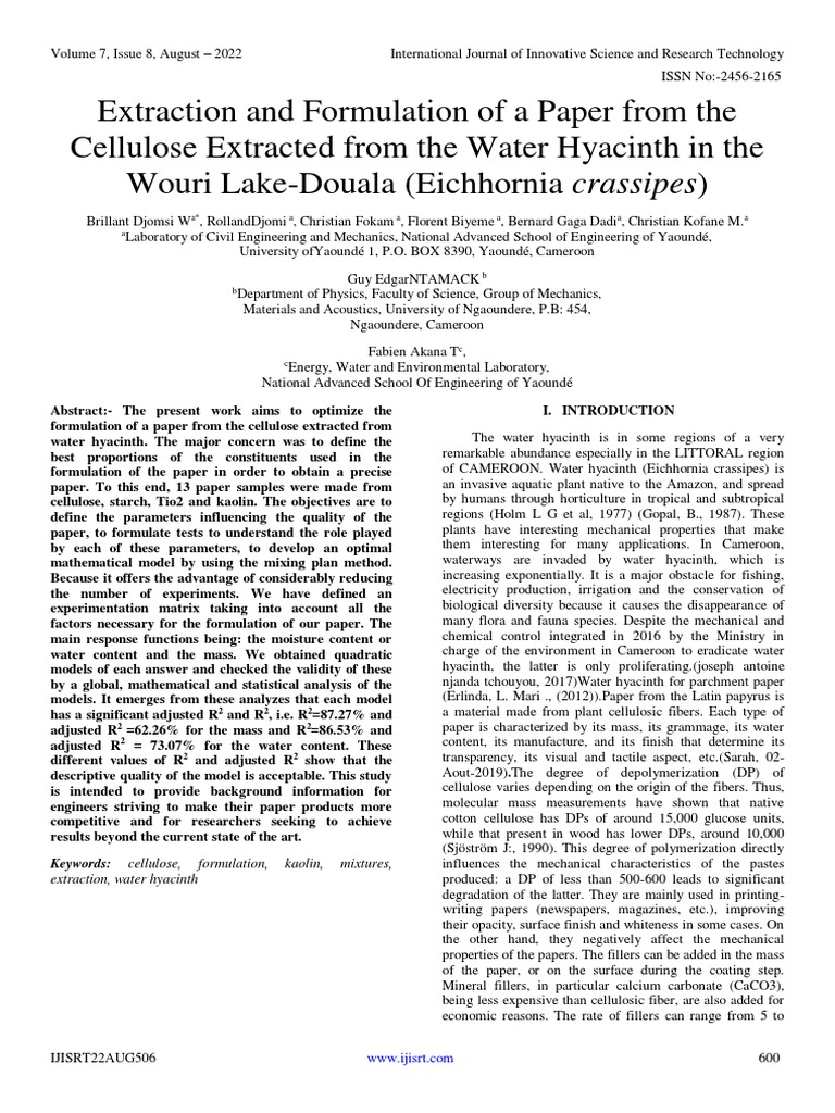 Water Hyacinth Paper Formulation Study | PDF | Errors And Residuals | Paper