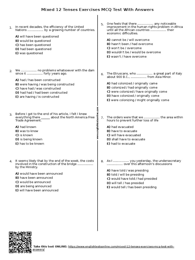 548 - Mixed 12 Tenses Exercises MCQ Test With Answers | PDF