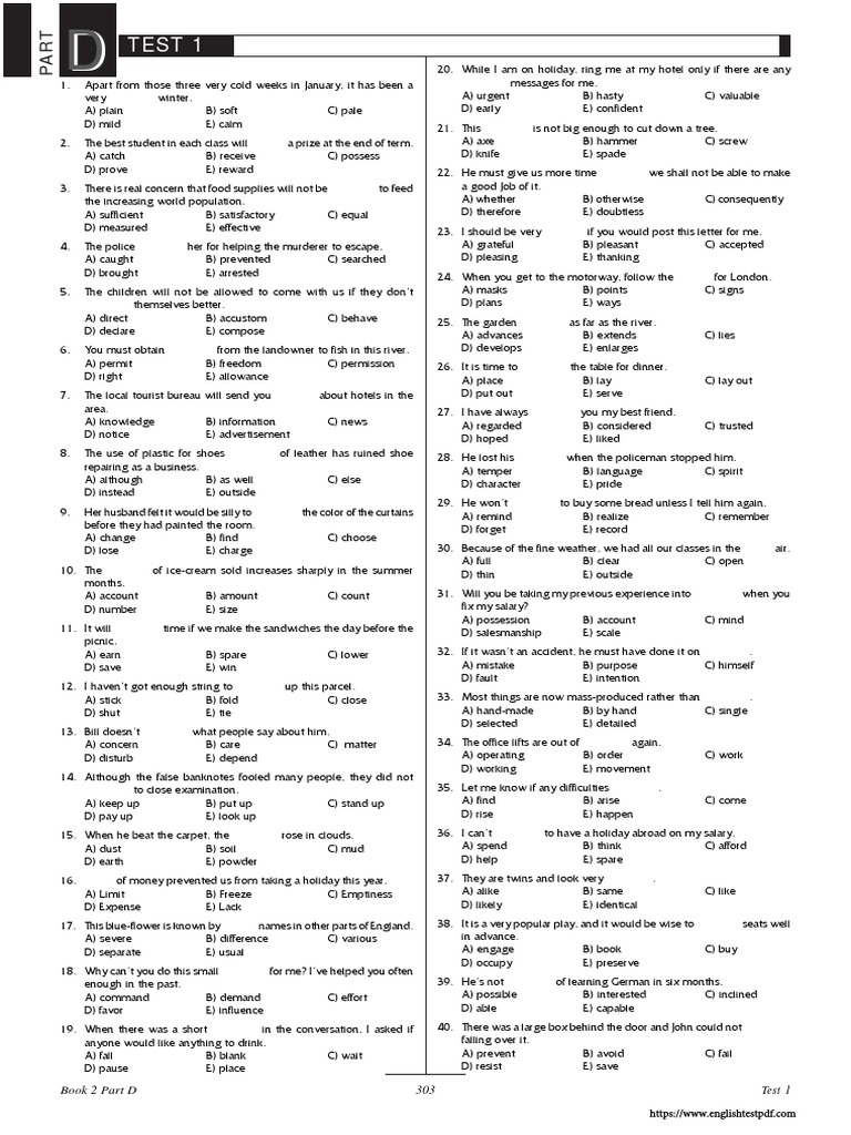 English Vocabulary Test: Multiple Choice Questions | PDF