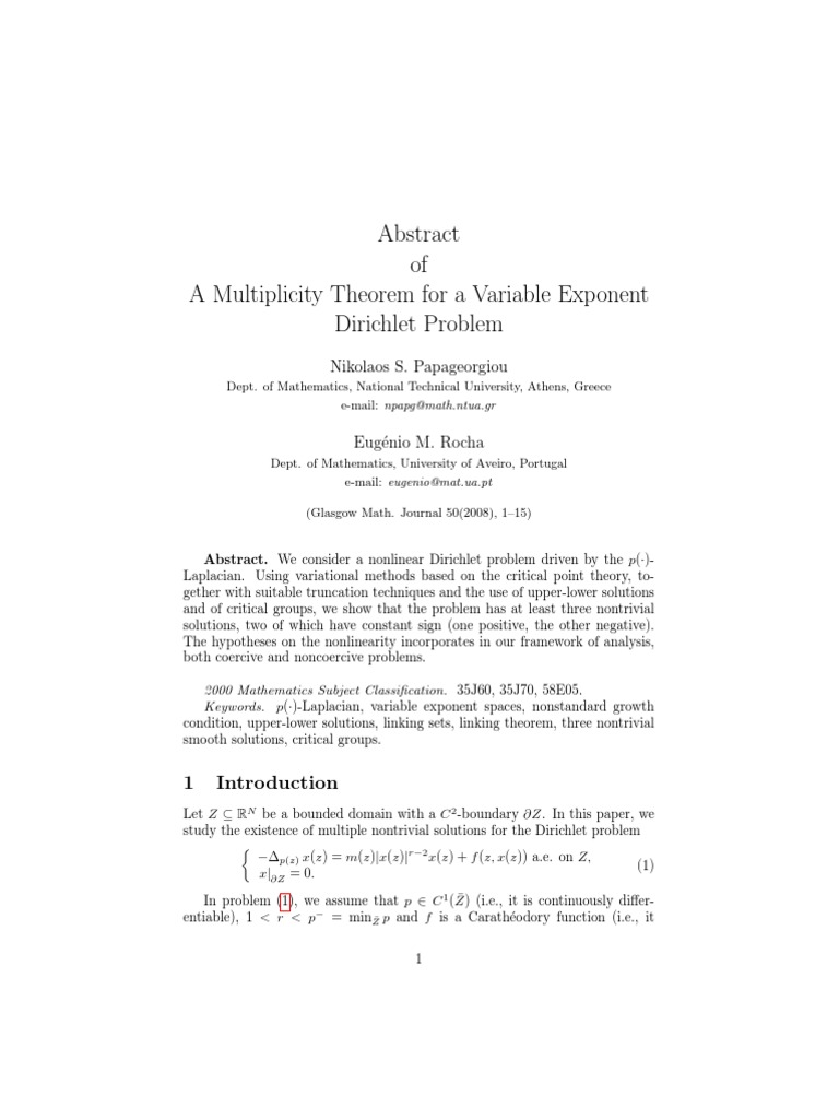 Of A Multiplicity Theorem For A Variable Exponent Dirichlet Problem | PDF | Nonlinear System ...