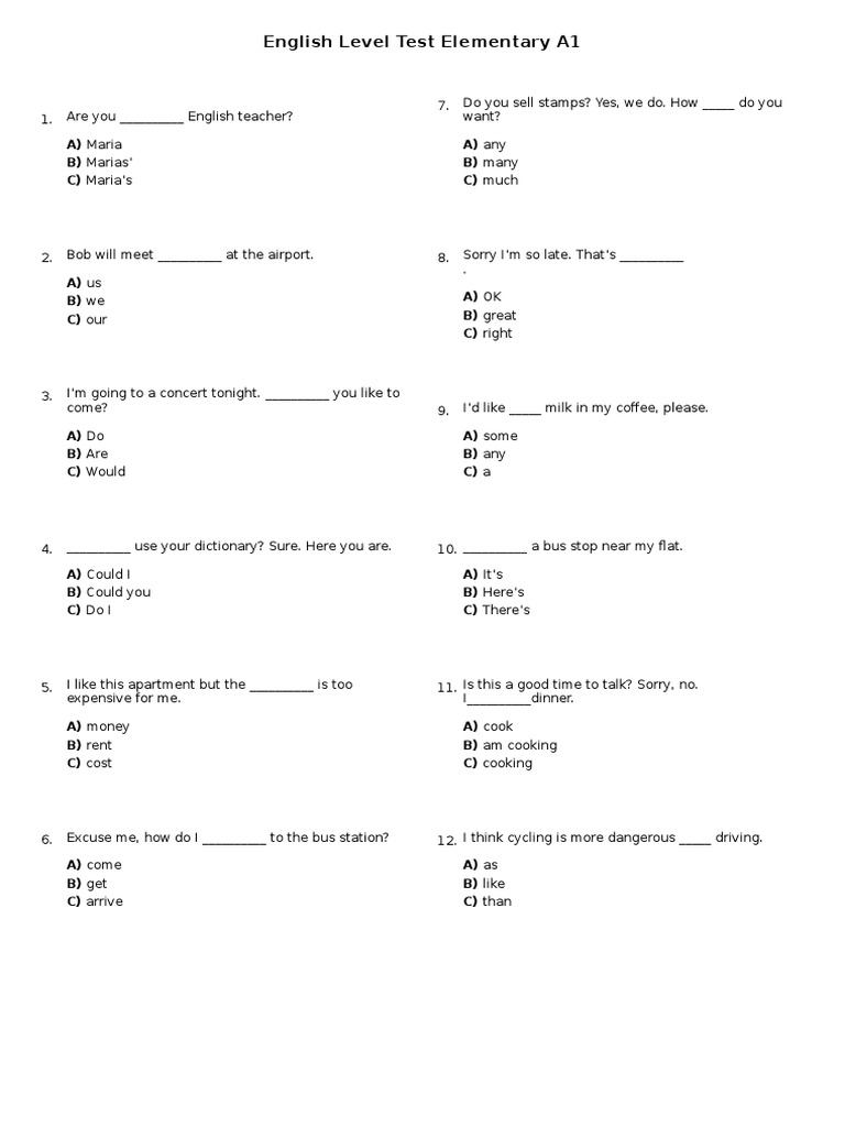 English Level Test PDF Elementary A1 2 Englishtestpdf | PDF