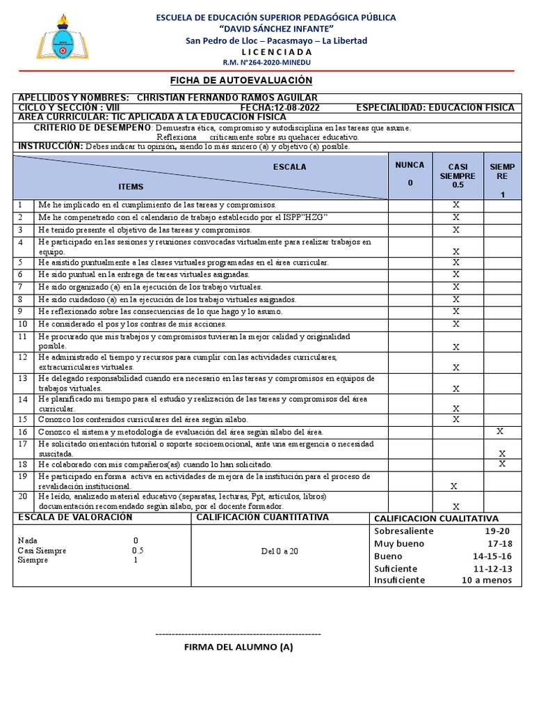 FICHA DE AUTOEVALUACIÓN Y COEVALUACIÓN Christian Ramos Aguilar | PDF