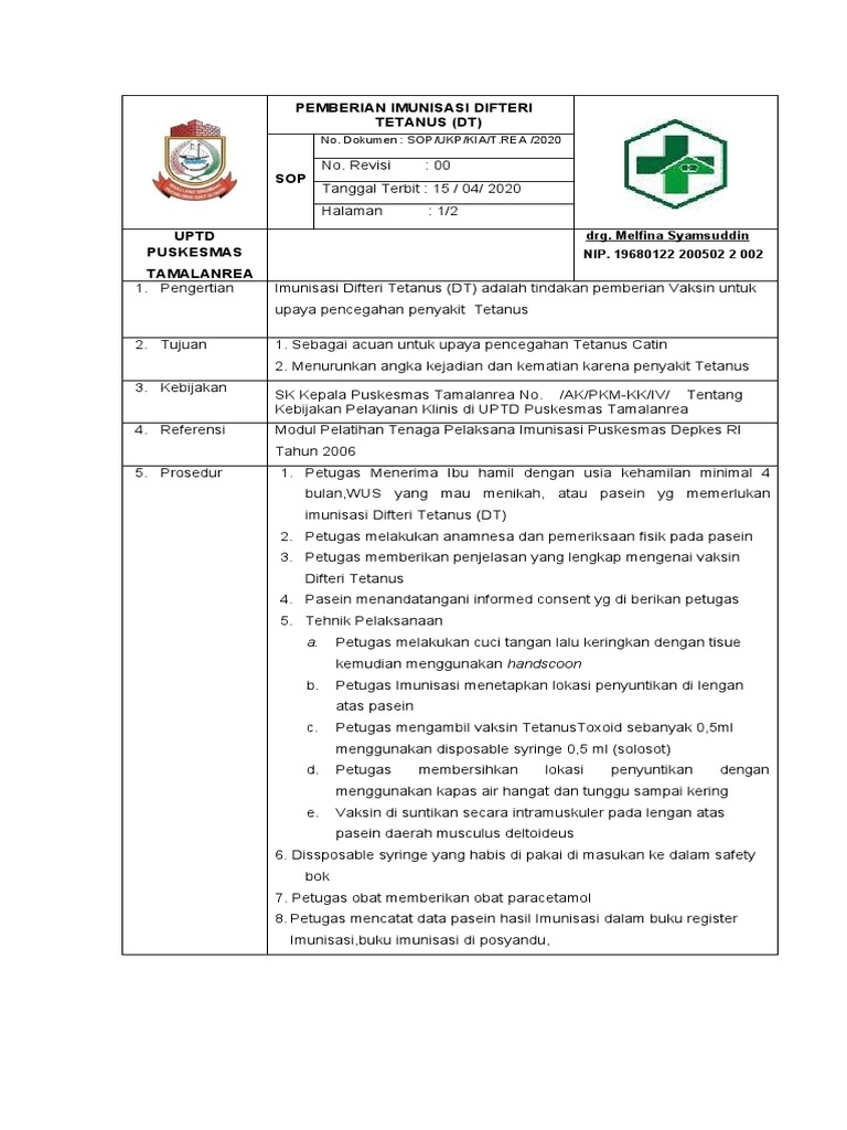 Prosedur Imunisasi Difteri Tetanus | PDF | Kesehatan Holistik | Sains ...