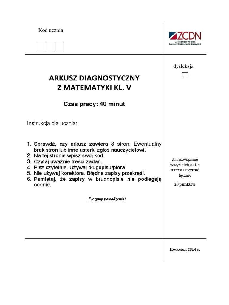 Arkusz Diagnostyczny Kl. V | PDF