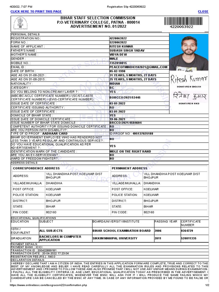 Bihar SSC CGL Application Form | PDF | Government