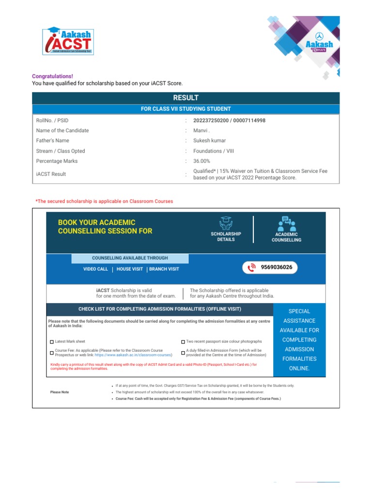 Student Result - Aakash BYJU's | PDF