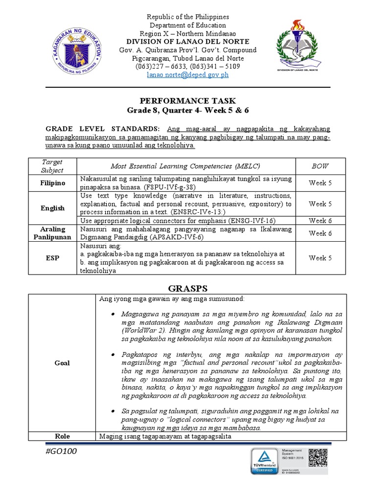 Performance Task Grade 8, Quarter 4-Week 5 & 6: Division of Lanao Del ...
