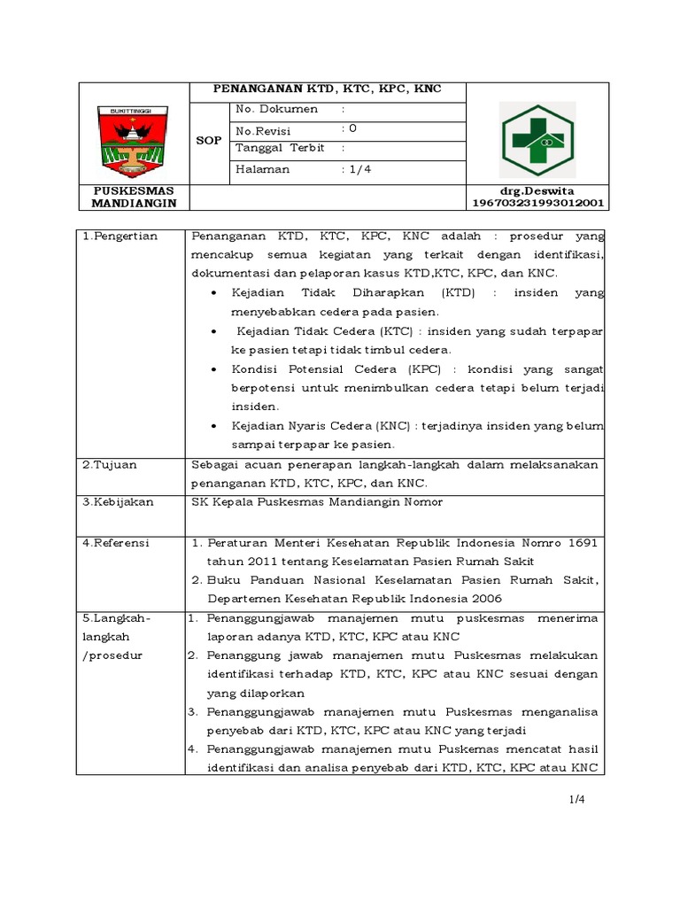 SOP Penanganan KTD KPC KNC Pusk Mandiangin | PDF