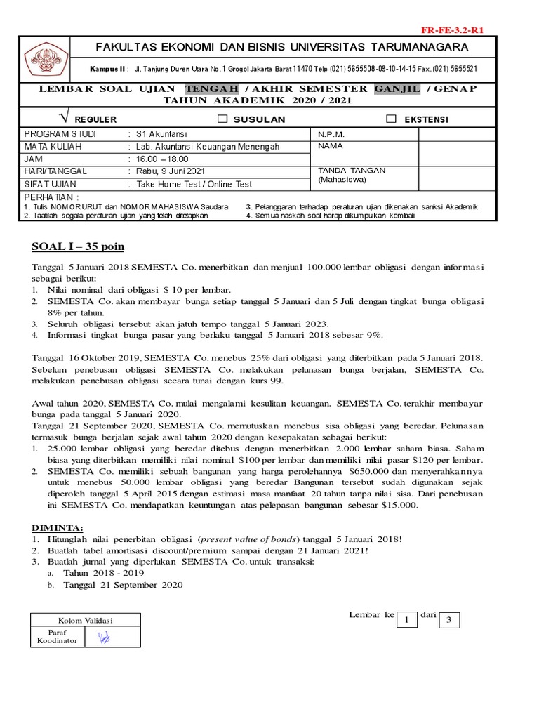 Soal UAS Lab Akt Keu Menengah Sem Genap 20-21 | PDF