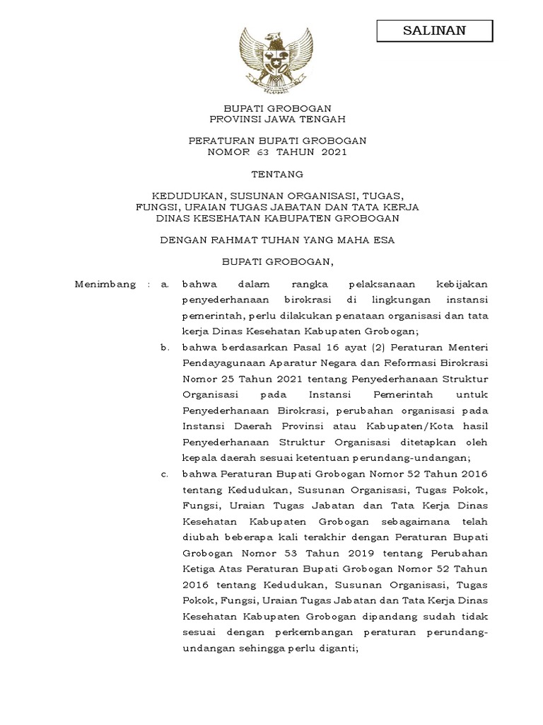 Perbup 63 TH 2021 SOTK Dinkes HSL PB BLM TD TGN | PDF