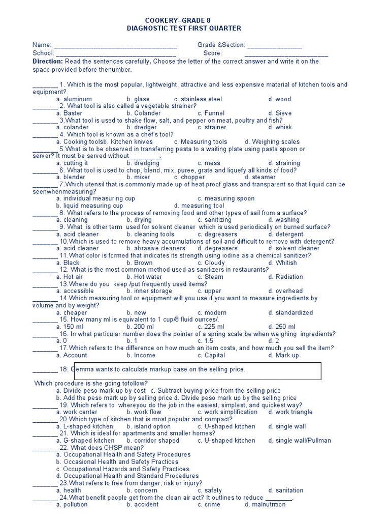 COOKERY DIAGNOSTIC TEST | PDF | Kitchen Utensil | Occupational Safety ...