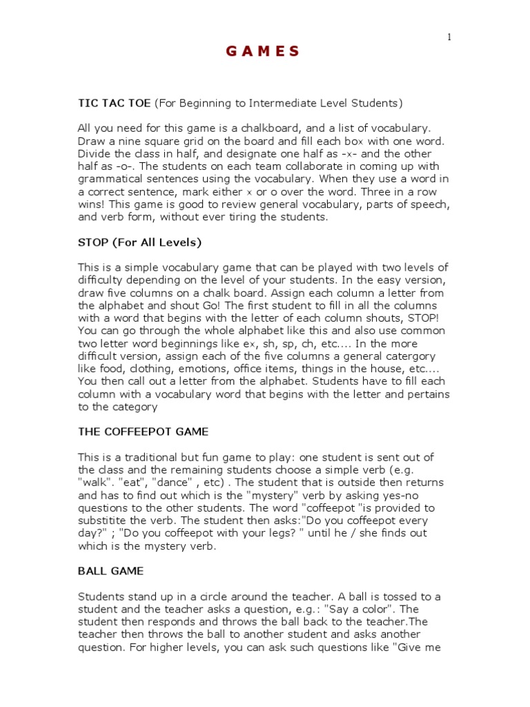 Games: TIC TAC TOE (For Beginning To Intermediate Level Students) | PDF ...