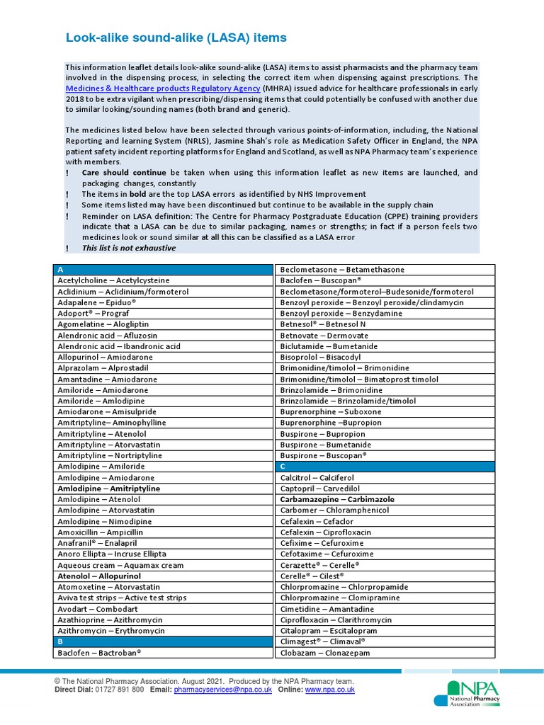 Look Alike Sound Alike LASA Items Updated August 2021 | PDF | Medical ...