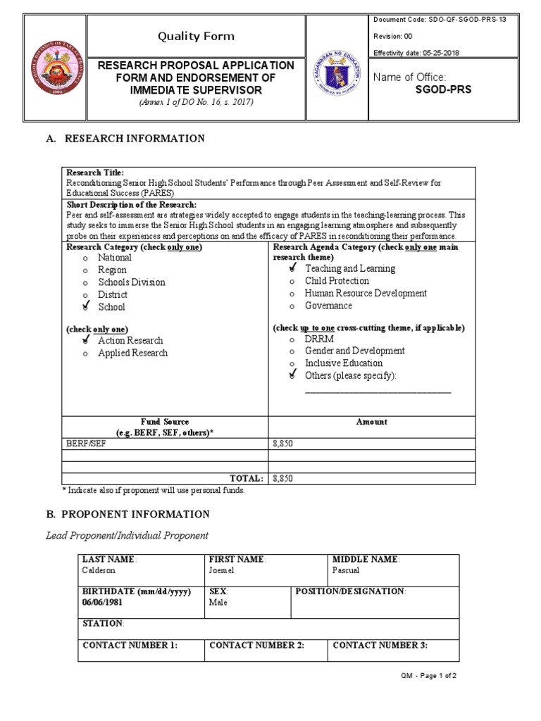 Research Proposal Application Form and Endorsement of Immediate Supervisor | PDF | Academic ...
