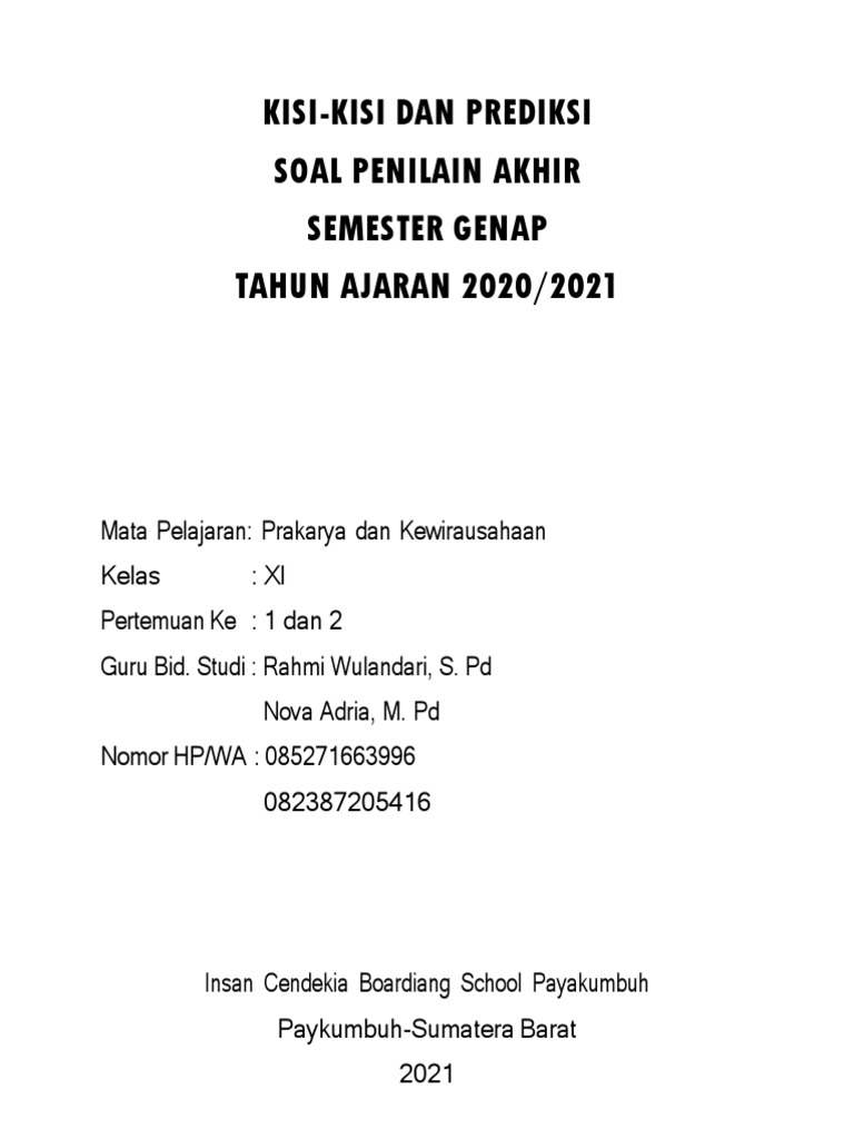 Kisi-Kisi Soal Dan Pembahasan Saol Pkwu Kelas Xi (Pert 1 Dan 2) | PDF