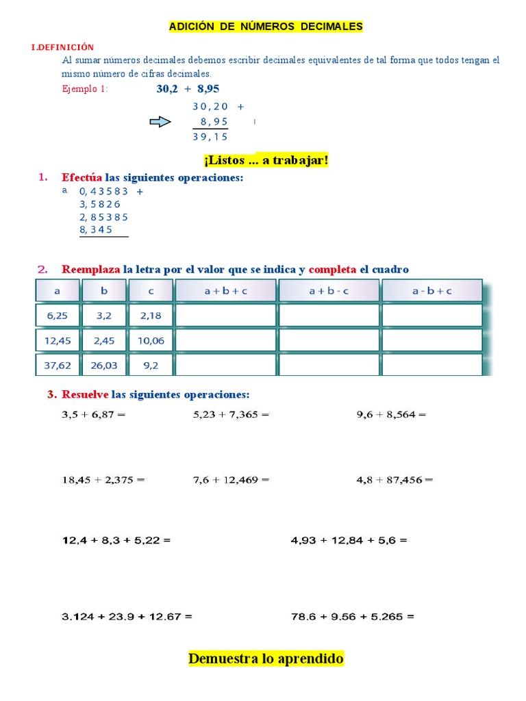 Ficha Suma de Decimales | PDF