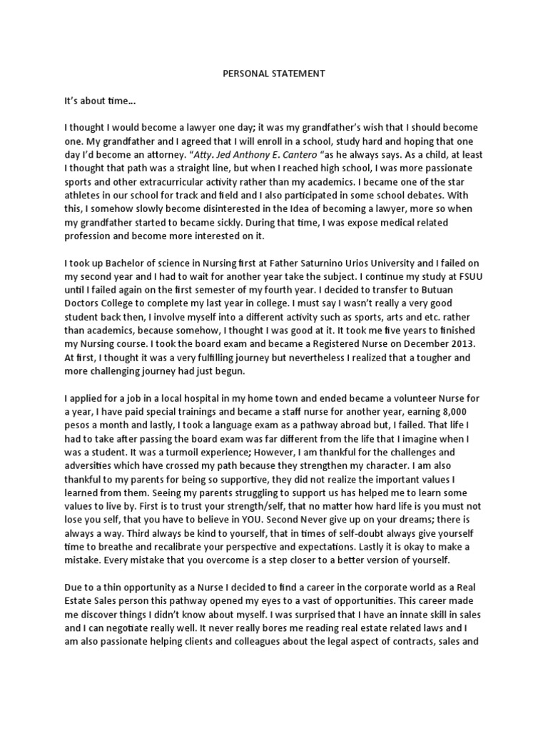 PERSONAL STATEMENT Sample | PDF | Nursing