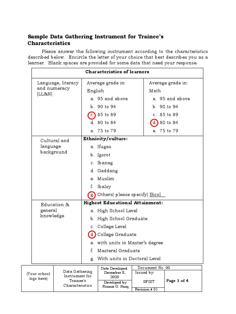 Data Gathering Instrument For Trainee OAP NCII | PDF | Learning | Cognition