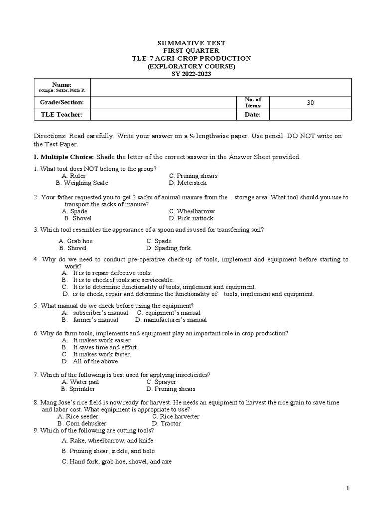 PreTest - Diagnostic Test TLE 7 | PDF | Tractor | Percentage