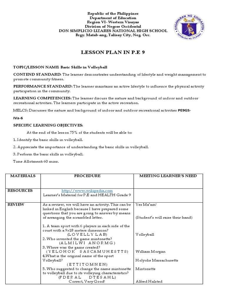 Lesson Plan in P. E (COT 1) | PDF | Volleyball | Cognition