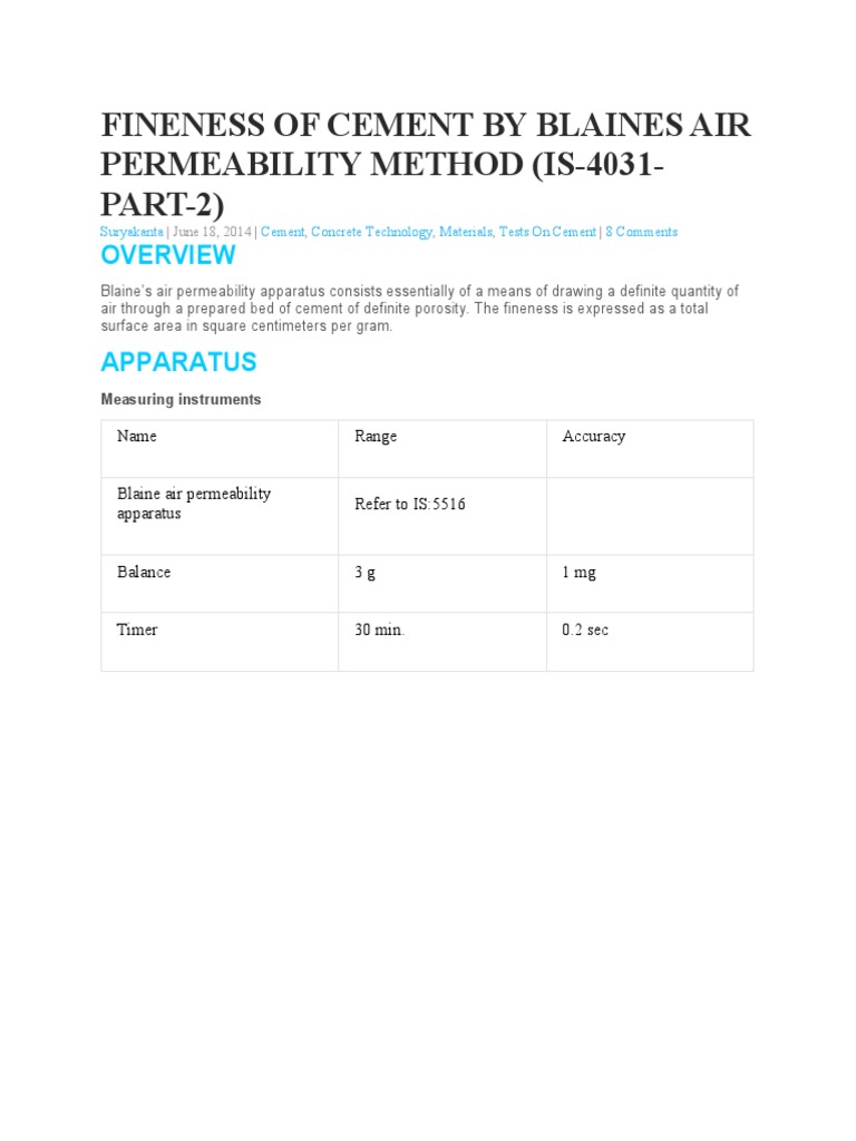 Fineness of Cement by Blaines Air Permeability Method | PDF | Concrete ...
