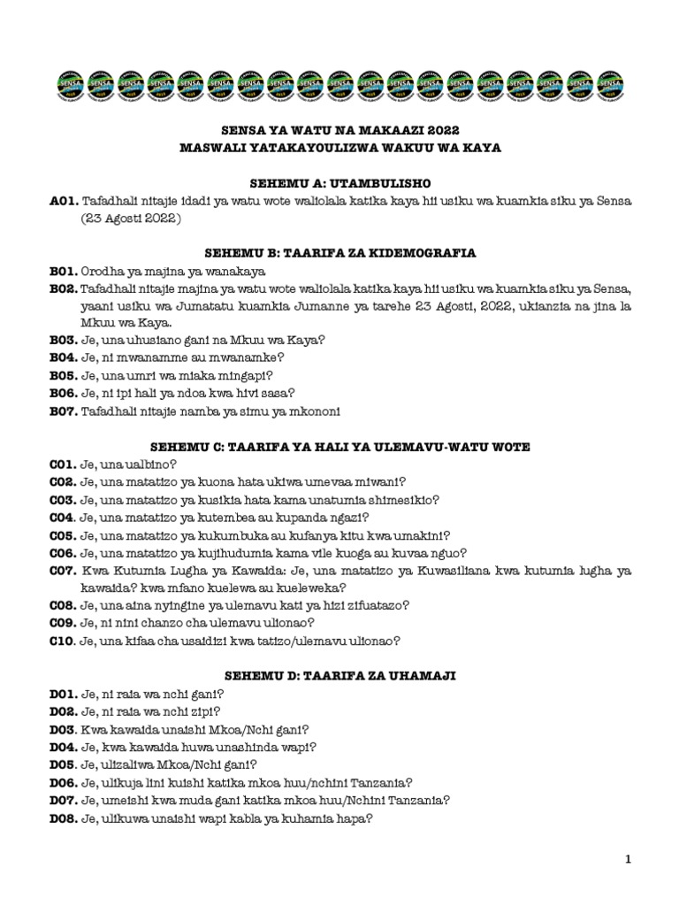 Maswali Ya Sensa (2022) | PDF
