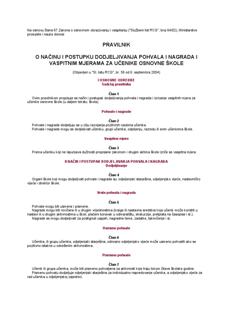 Pravilnik O Načinu I Postupku Dodjeljivanja Pohvala I Nagrada I ...
