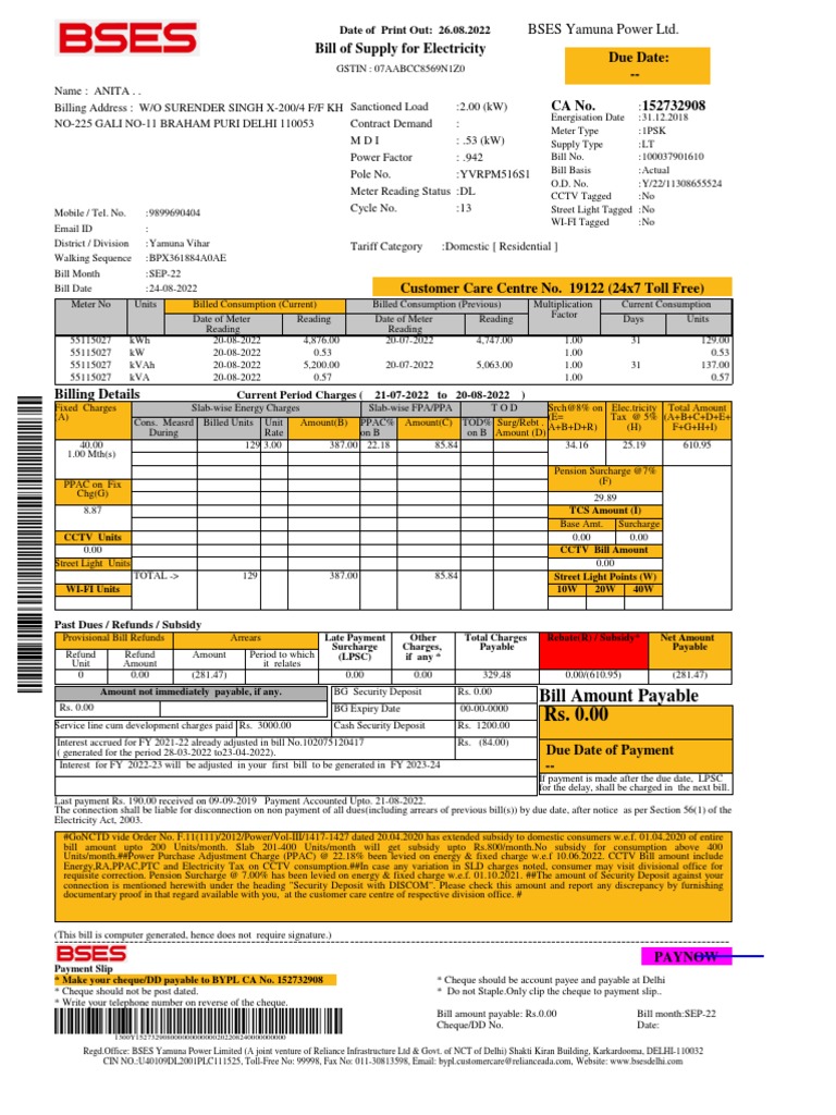 Bill of Supply For Electricity Due Date: - : BSES Yamuna Power LTD ...