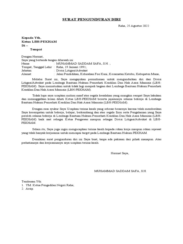 Surat Pengunduran Diri LBH PEKHAM | PDF