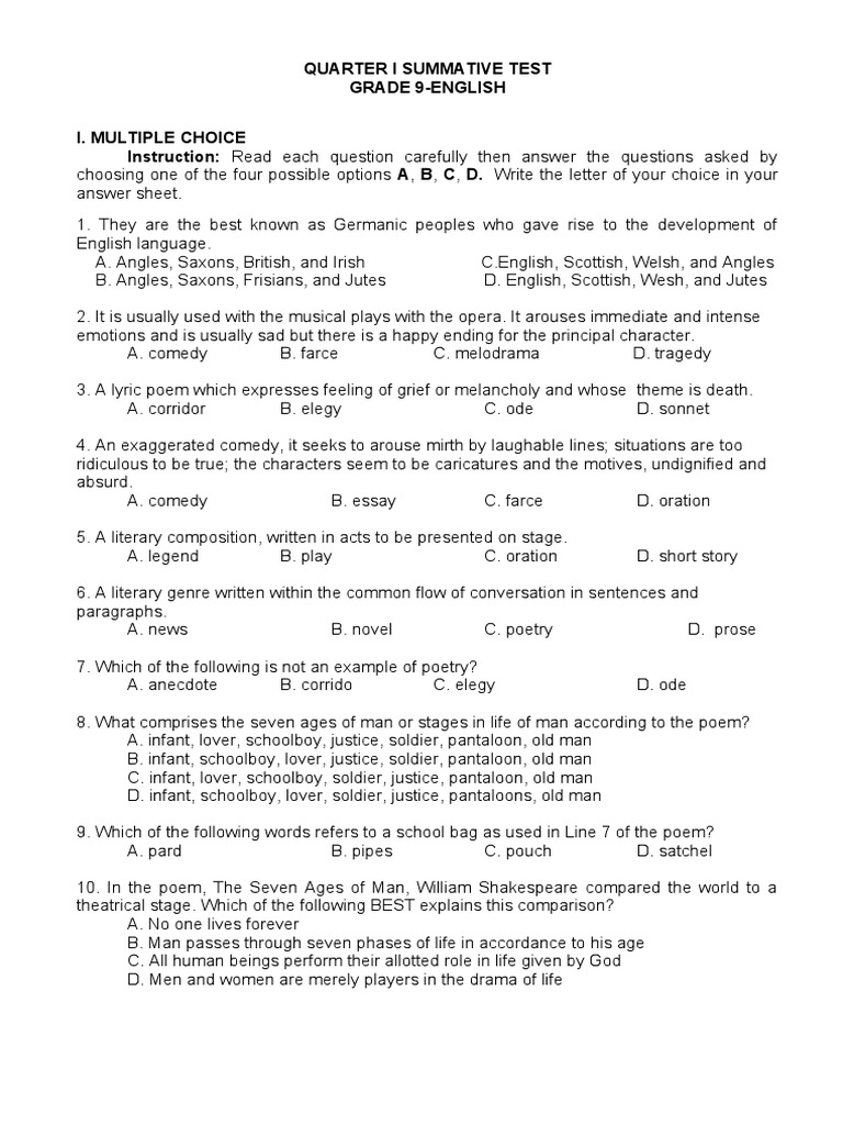 Summative Test Engl 9 Q1 | PDF | Beowulf