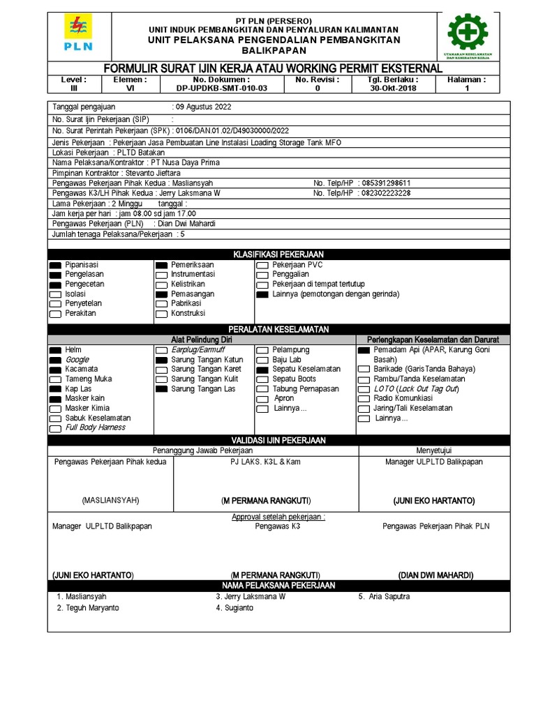Working Permit STORAGE TANK PLTD Batakan | PDF