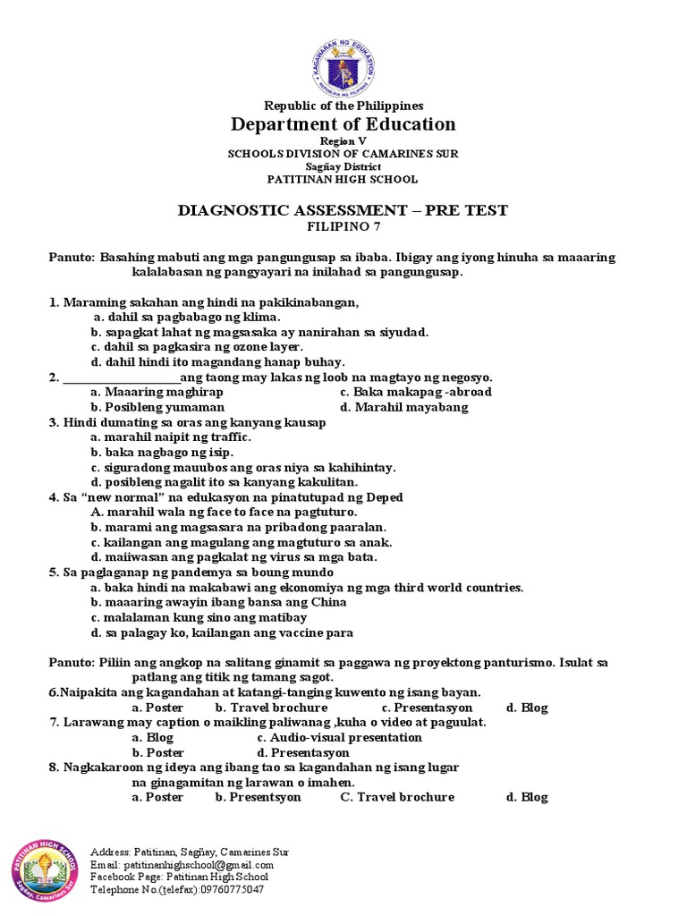 Diagnostic Test g7 1st Quarter | PDF