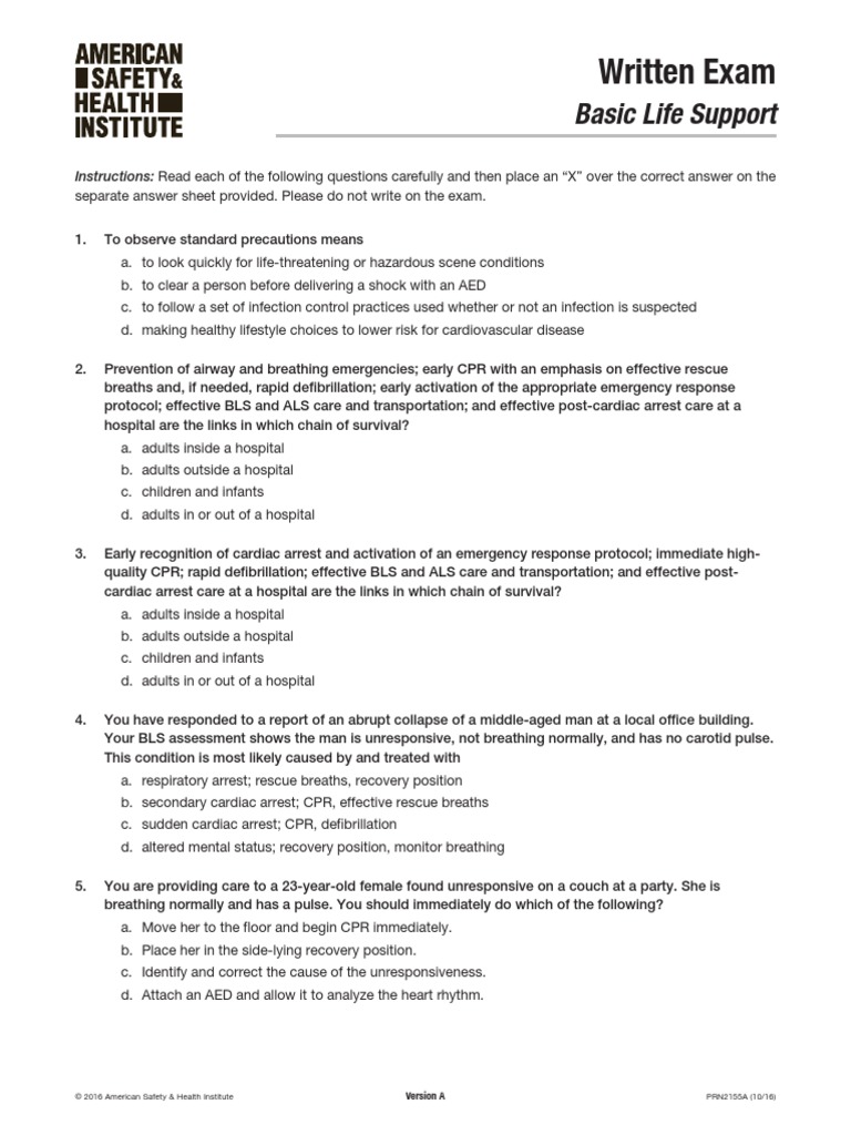 PRN2155A ASHI G2015 BLS Exam VersionA Revised 100516 | PDF | Cardiopulmonary Resuscitation ...
