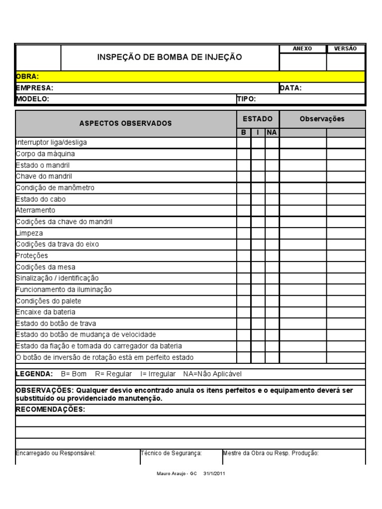 Check List - Bomba de Injeçao 1 | PDF