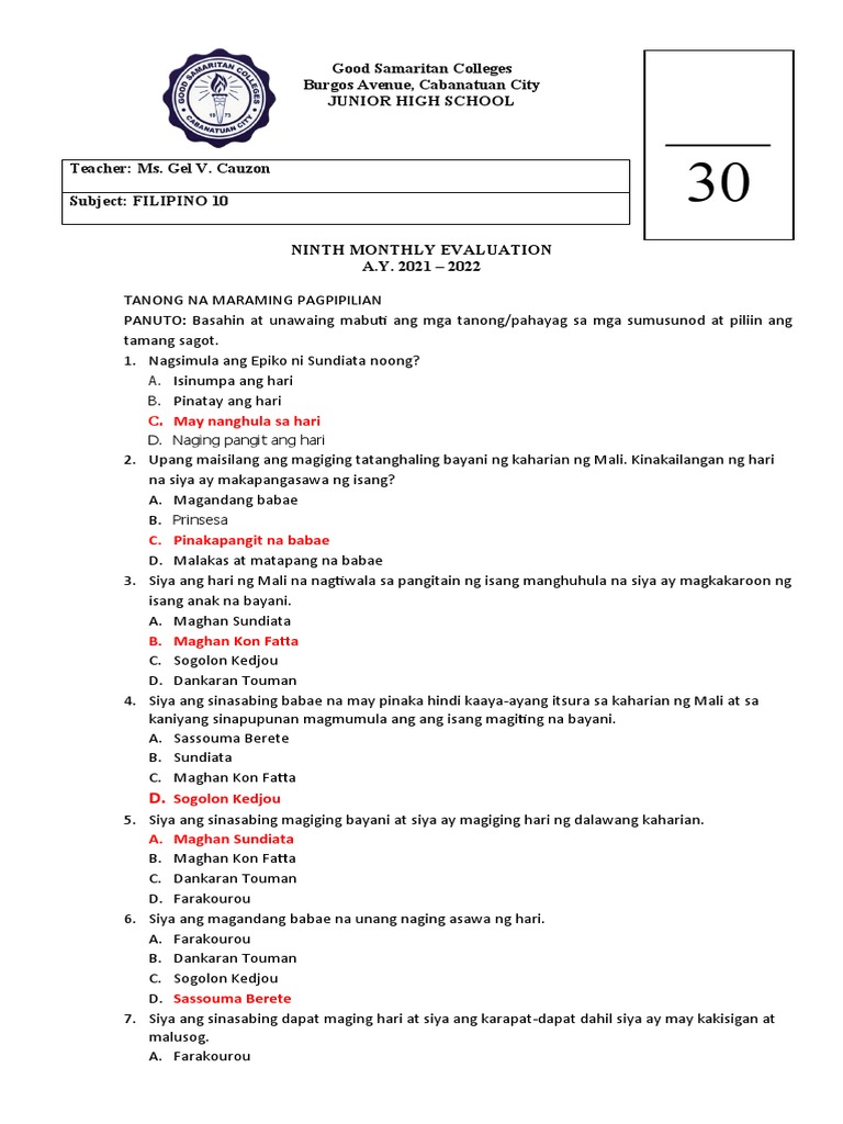 9th Monthly-Evaluation - Filipino10 WEEK 17-18 - Gel Cauzon | PDF