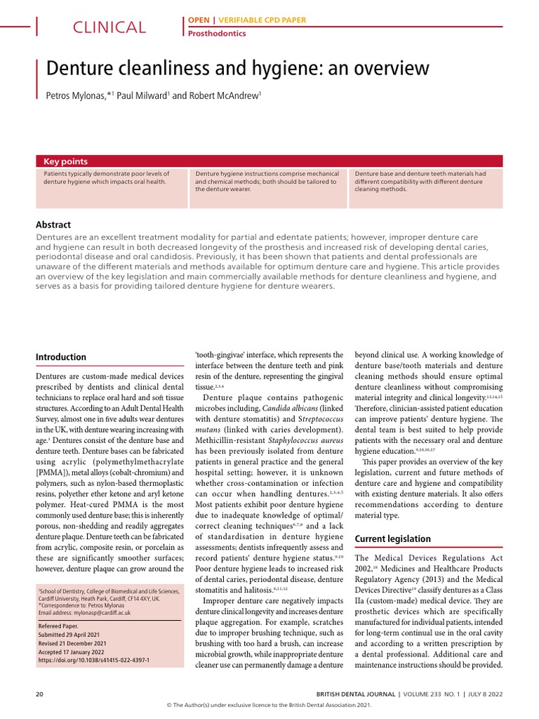 Denture Cleanliness and Hygiene: An Overview: Clinical | PDF | Dentures ...